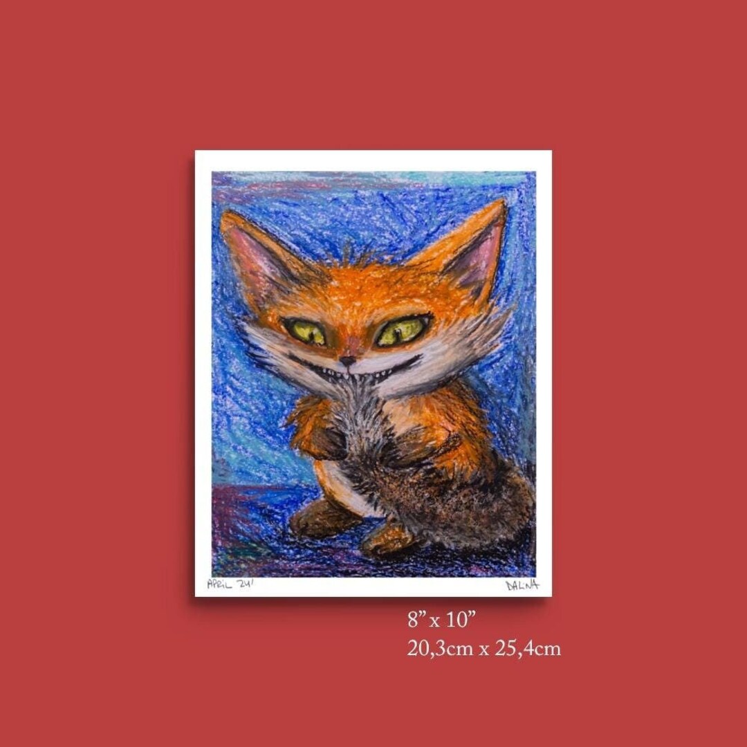 Red Fox Art Print, Oil Pastel Drawing, Modern Home Decor, Colorful ...