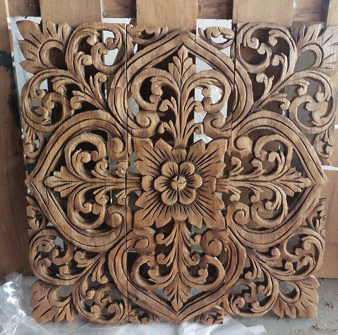 Natural Color Mandala Wood Carving Panel 90 X 90 Cm Lotus Wooden Carved ...