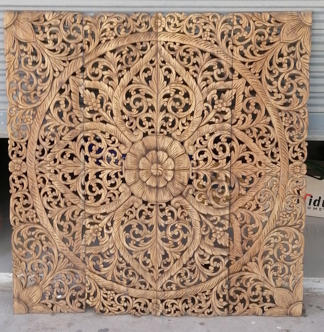 Natural Color Mandala Wood Carving Panel 120 X 120 Cm Lotus Wooden ...