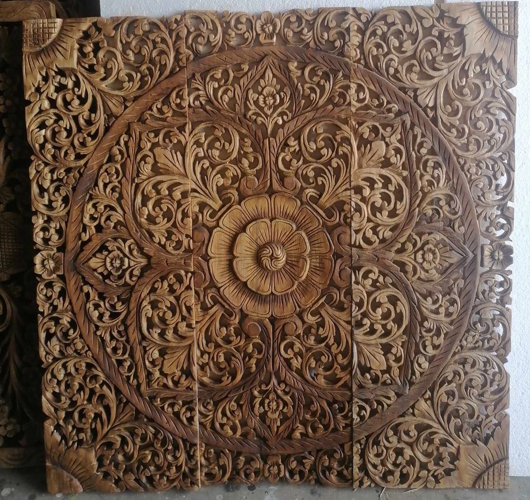 Brown Wash Mandala Wood Carving Panel 90 X 90 Cm Wall Art Hanging Asian ...