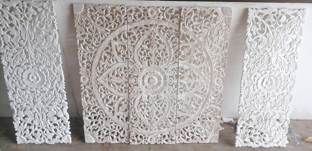 Set of White Mandala Wood Carving Panels 36 X 64inches Lotus Wooden ...