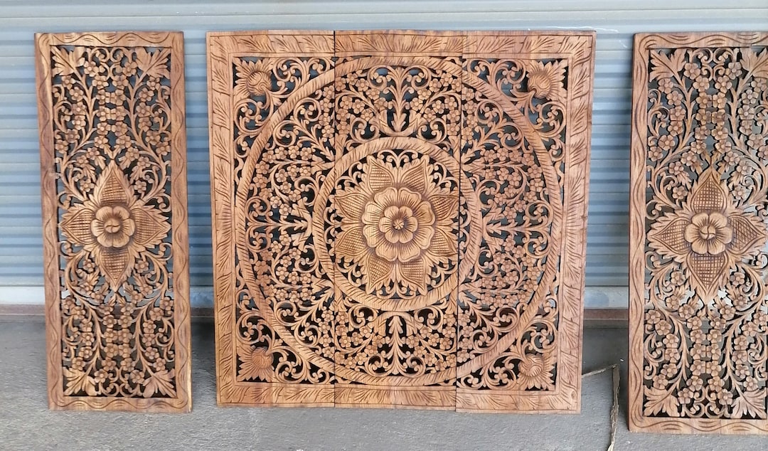 Set of Mandala Wood Carving Panels 36 X 64 Inches Lotus Wooden Panel ...