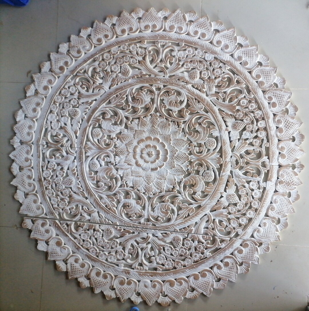 Round Mandala White Wash Wood Carving Panel 120 X 120 Cm Wooden Carved ...
