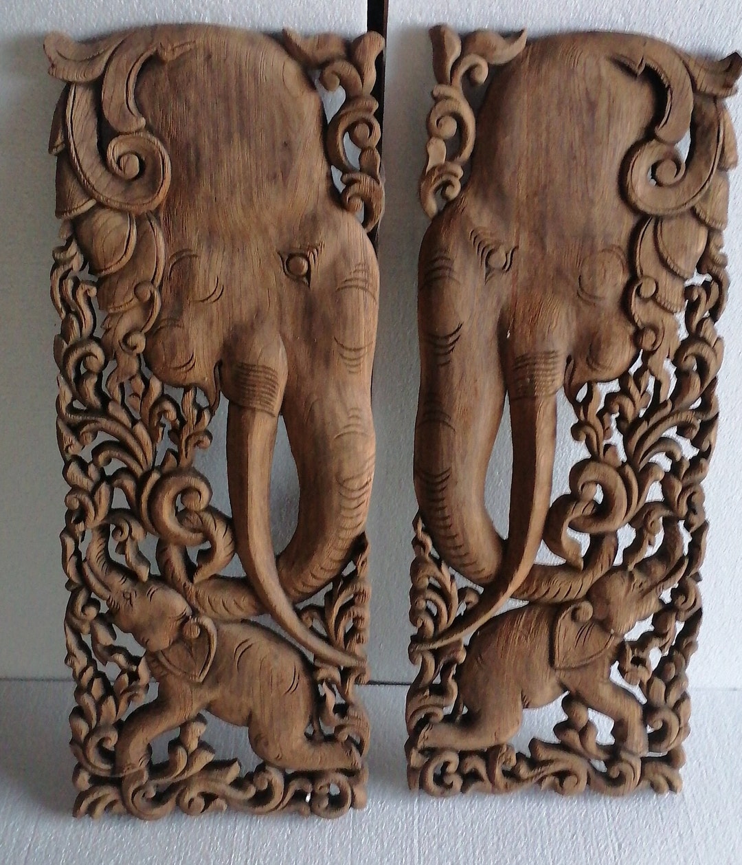 2 Pcs Elephants Head Wood Carved Panel 14 X 36 Inches Natural Color ...