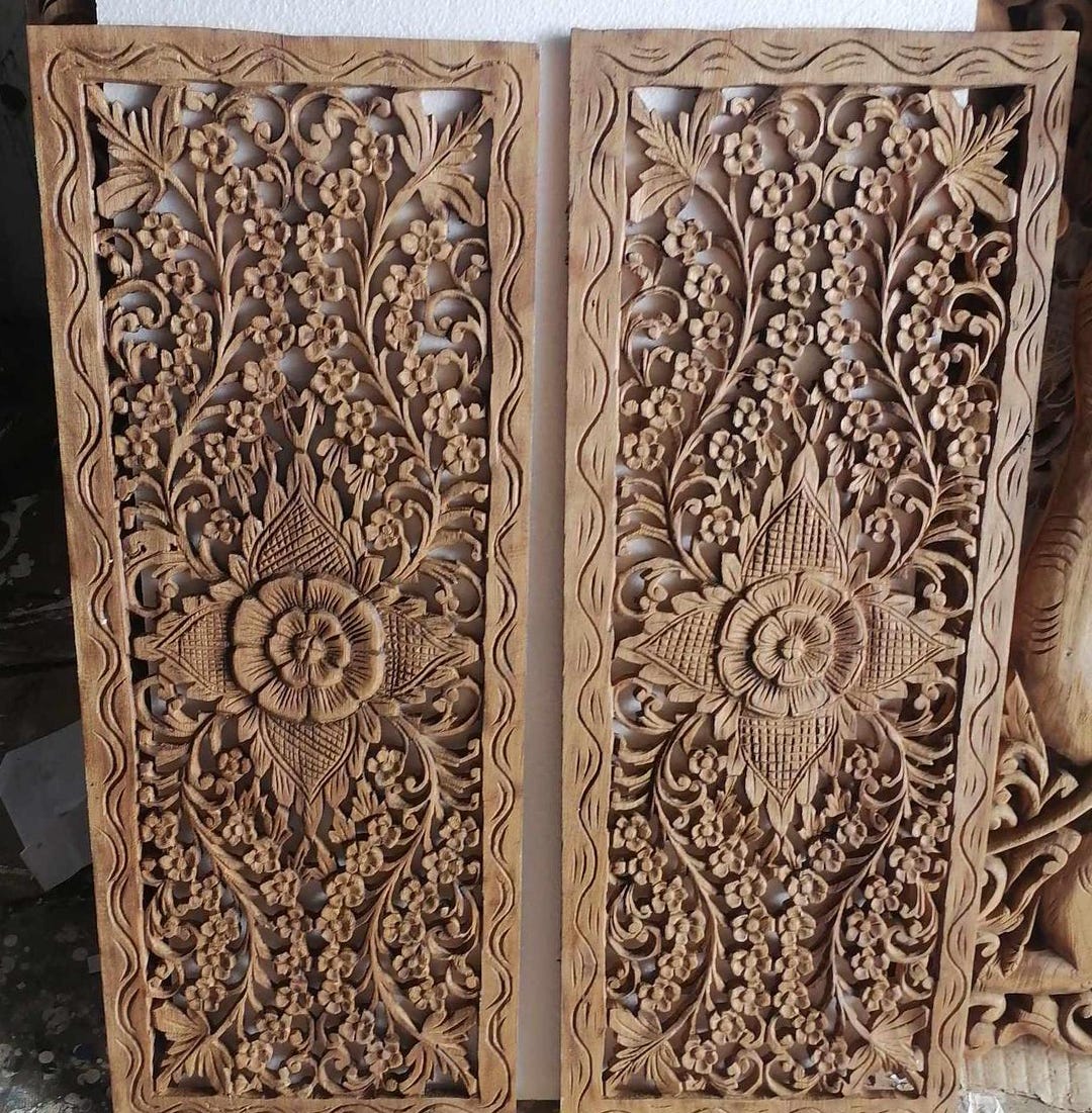 2 Pcs Wood Carving Panel 14 X 36 Inches Natural Color Mandala Wood ...
