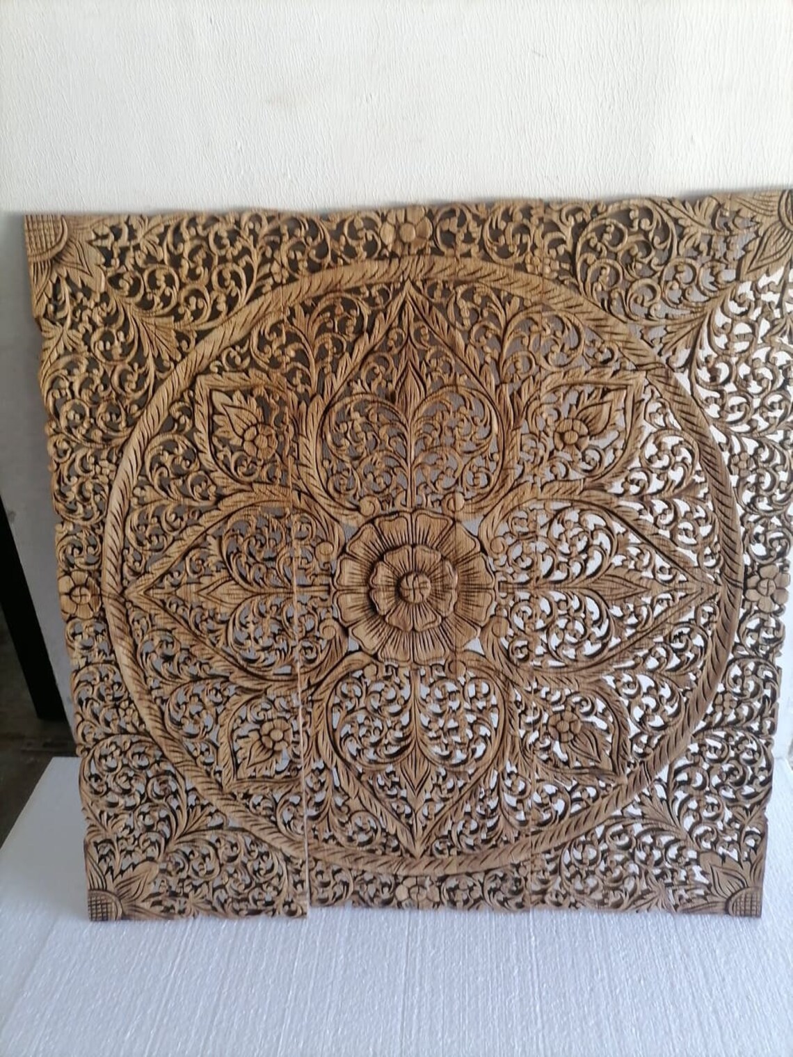 Natural Brown Color Mandala Wood Carving Panel 3 Ft Lotus Wooden Carved ...