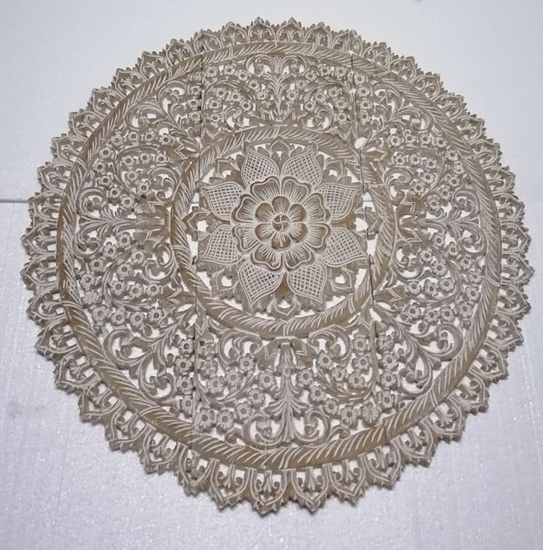 Round Mandala Wood Carving Panel 90 X 90 Cm White Wash Wooden Carved ...