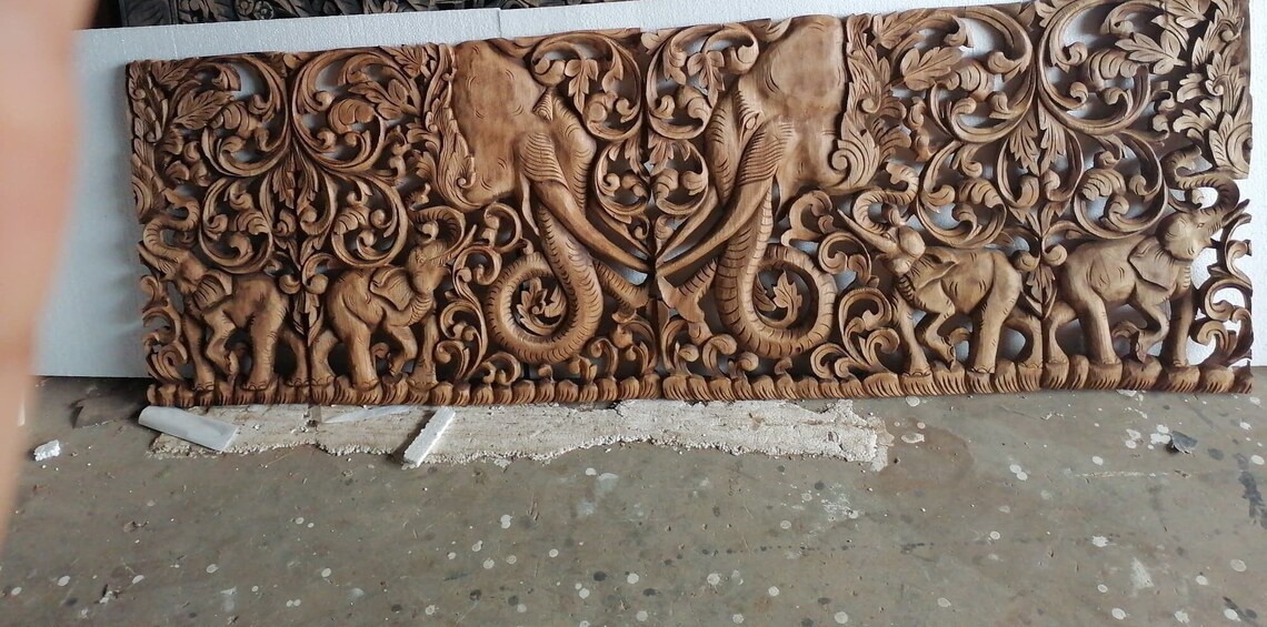 Elephant Headed Wood Carved Panel 60 X 180 Cm Wall Art Hanging ...
