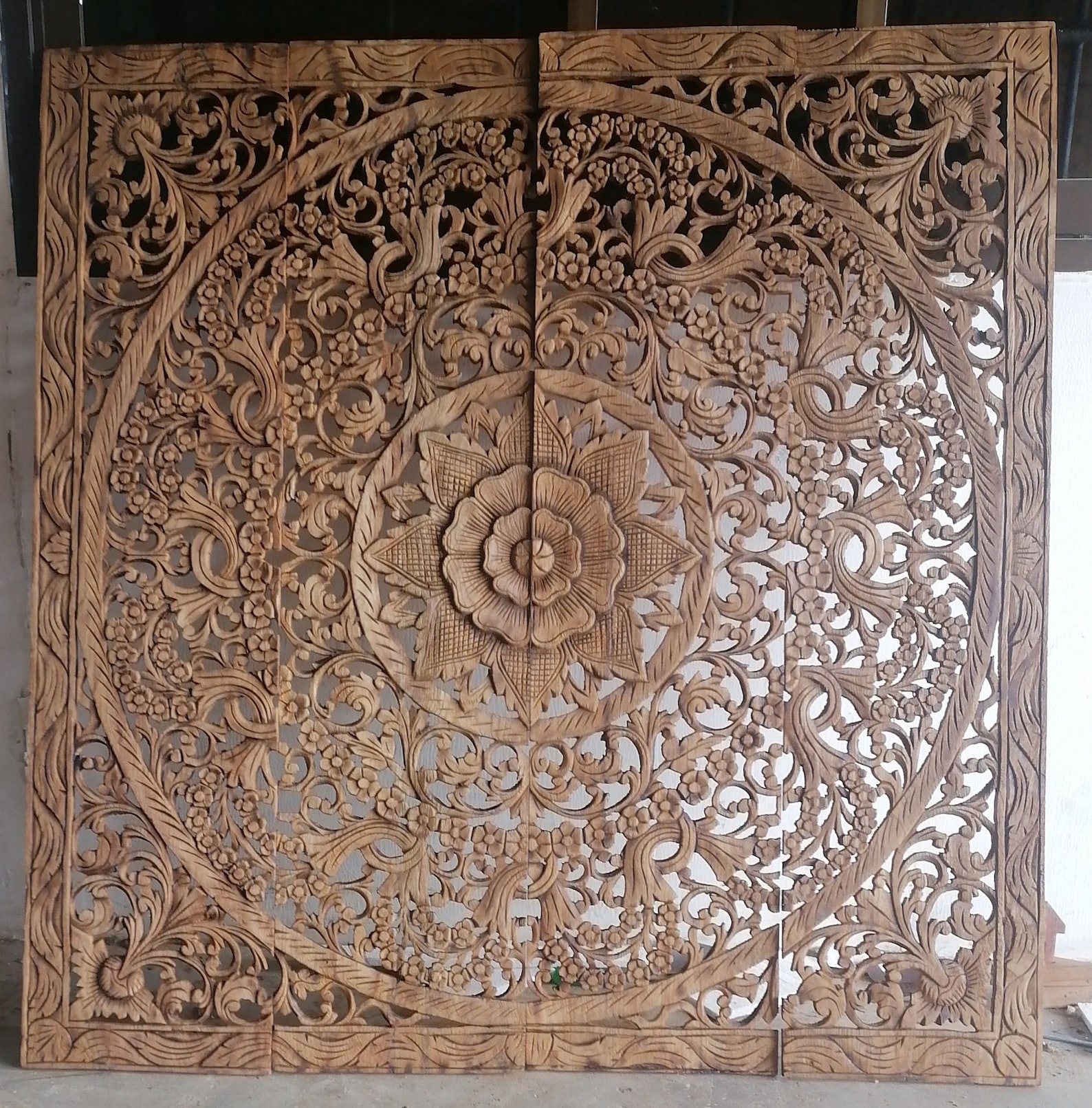 Natural Color Mandala Wood Carved Panel 120 X 120 Cm Lotus Wooden ...