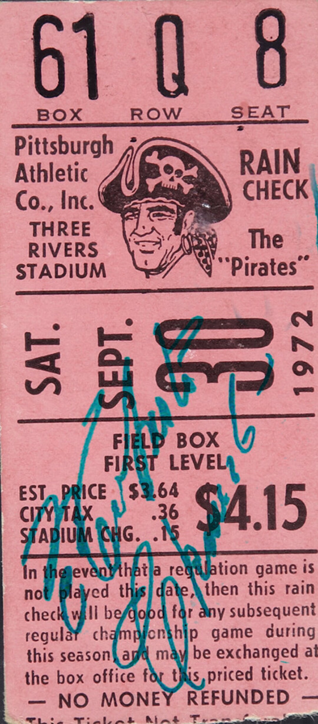 1972 Roberto Clemente Signed Reproduction 3,000th Hit Game Ticket Stub ...