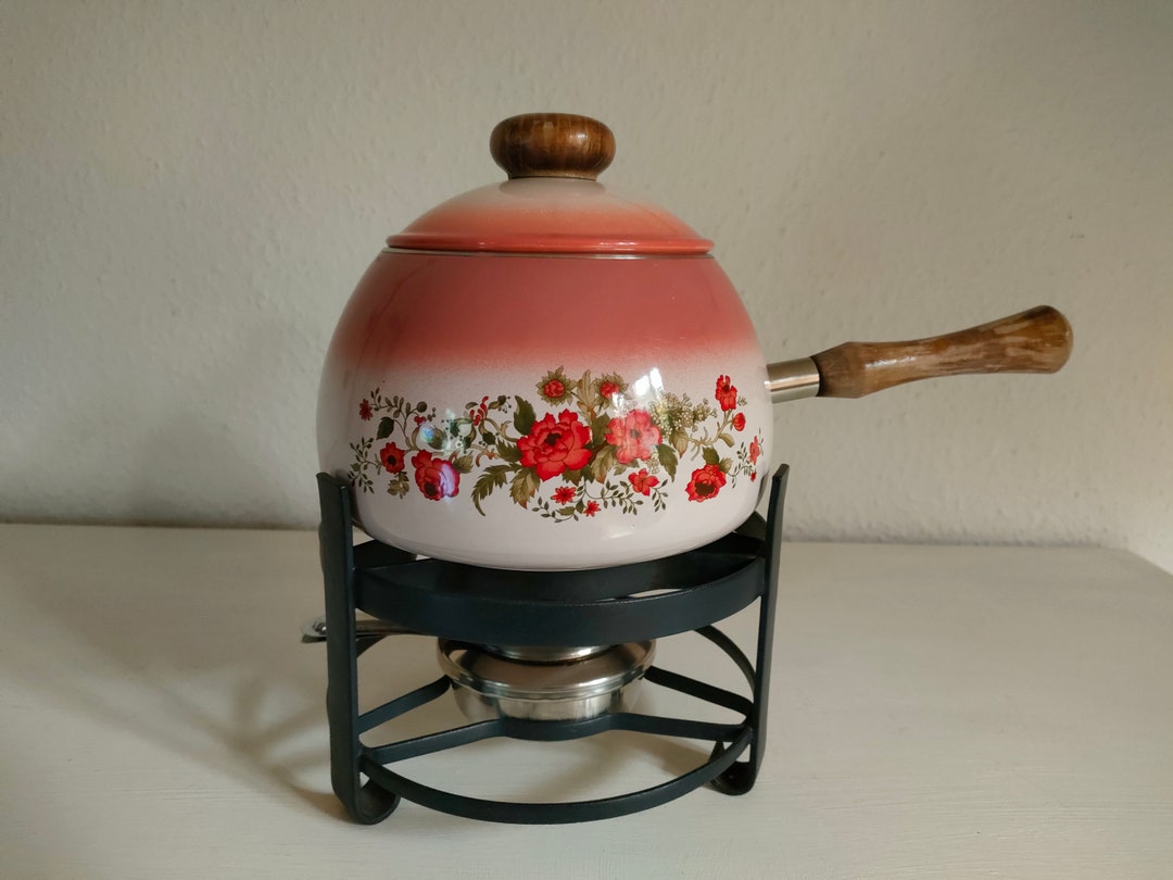 Vintage Fondue Set Made of Pink Enamel With Wooden Handle 1970s - Etsy
