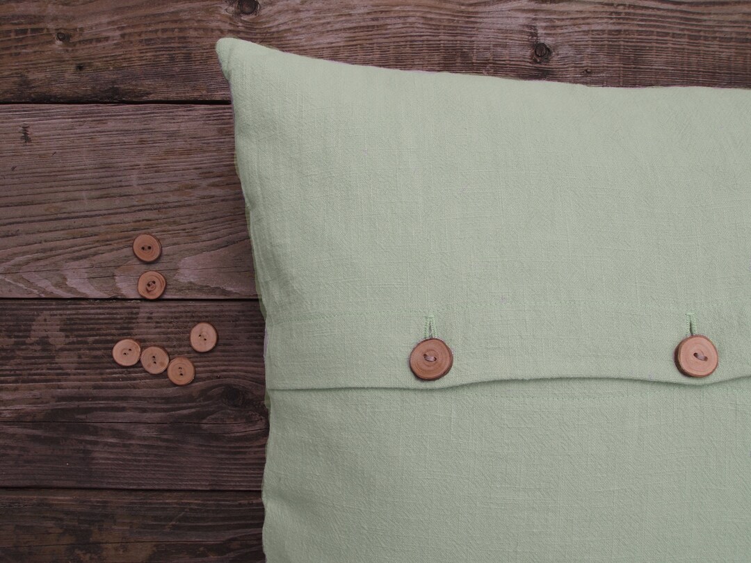 Cushion Cover Linen Sage Green, Button Strip With Wooden Buttons 40x40 ...