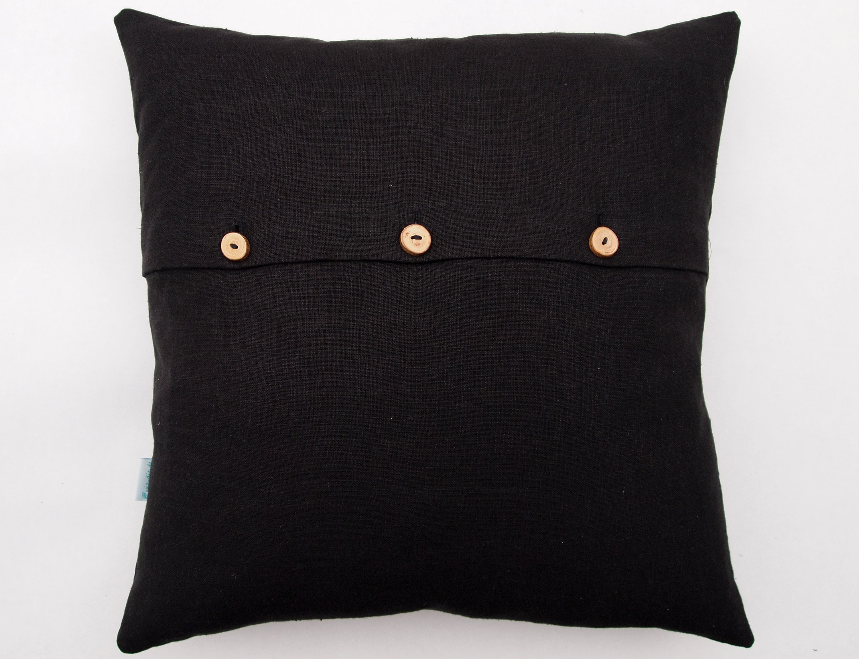 Linen Cushion Black With Button Placket Made of Wooden Buttons 40x40 ...