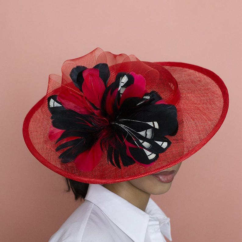 Red and Black Wedding Hat, Sinamay Fascinator, Large Red Pillbox Hat ...