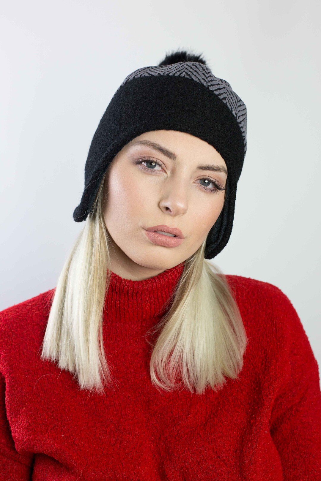 Peruvian Style Hat in Black and Gray Wool for Women Winter Hat for ...