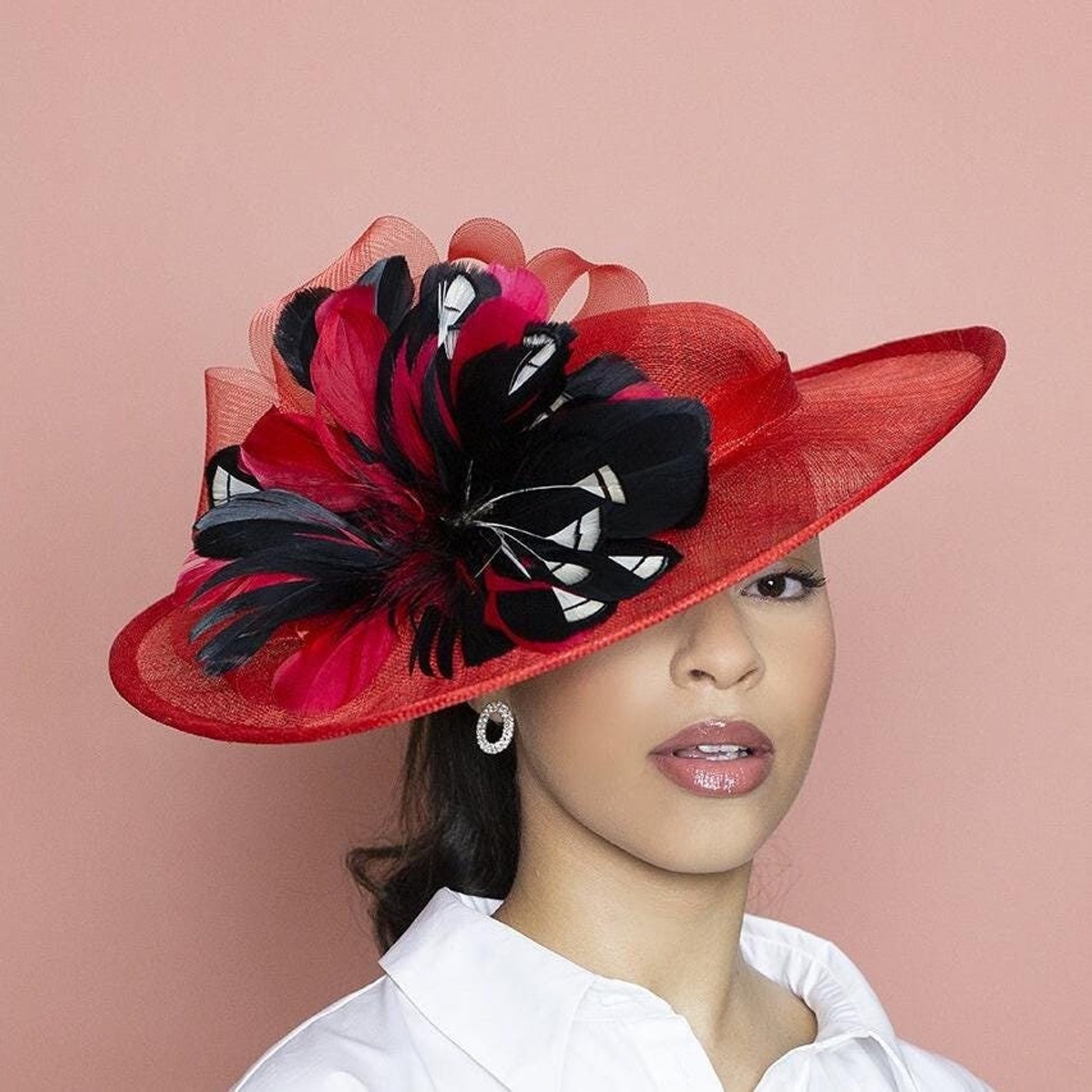 Red and Black Wedding Hat, Sinamay Fascinator, Large Red Pillbox Hat ...