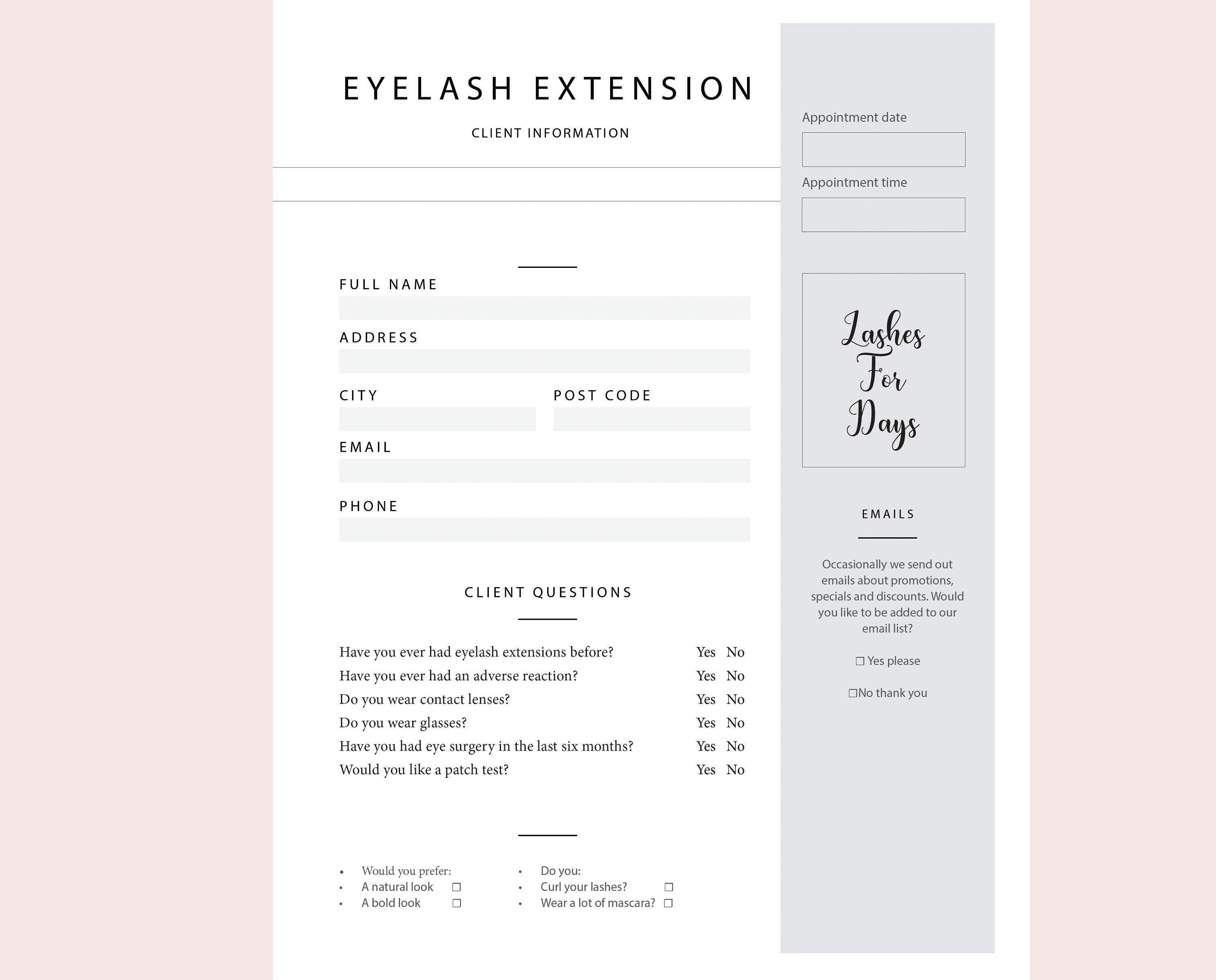 Eyelash Extensions Client Form, Printable Client Form, Eyelash Business ...