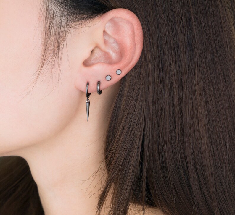 Pentagon Silver Studs- Tiny Studs- Small Studs- Unisex Earrings- Black ...