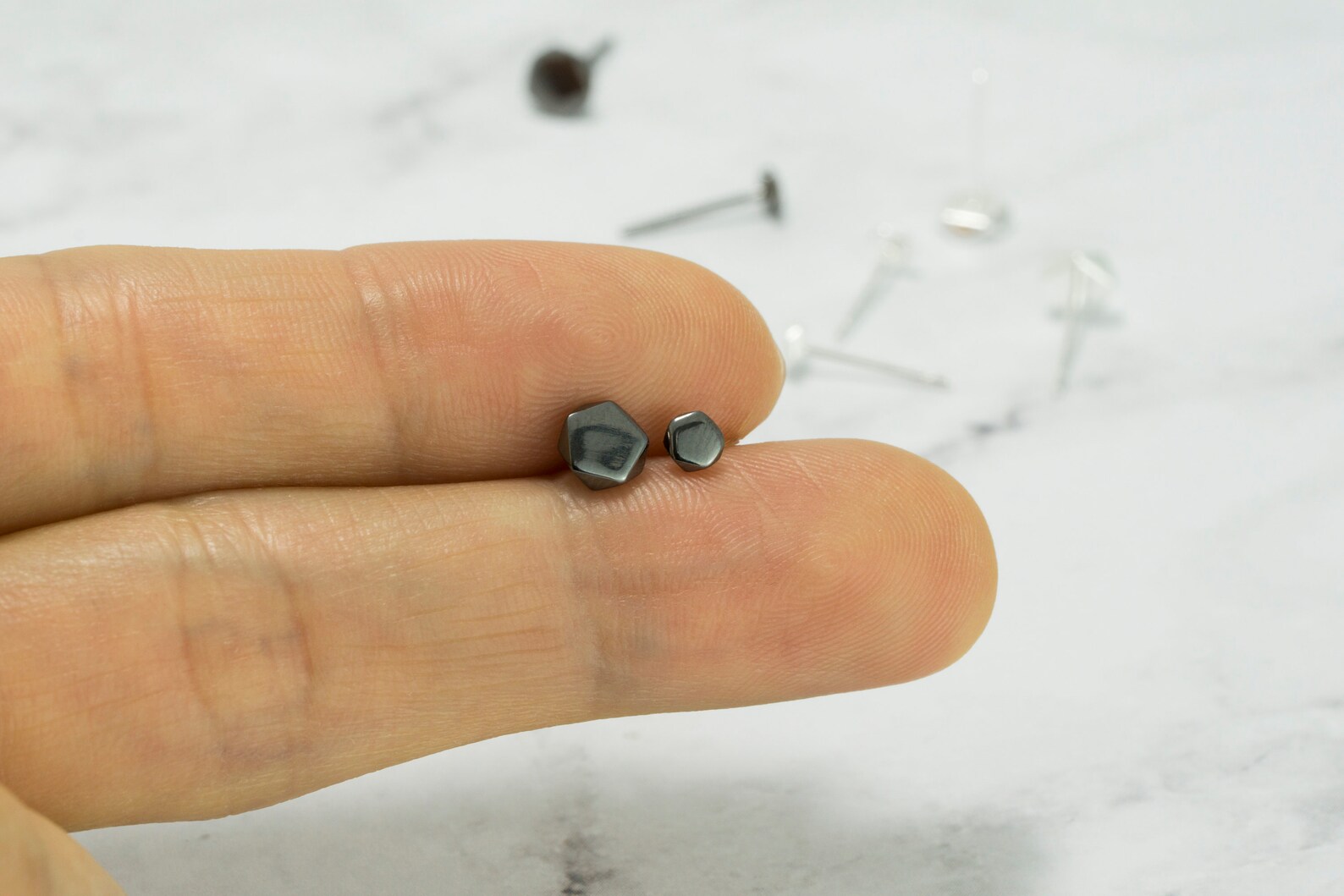Pentagon Silver Studs- Tiny Studs- Small Studs- Unisex Earrings- Black ...