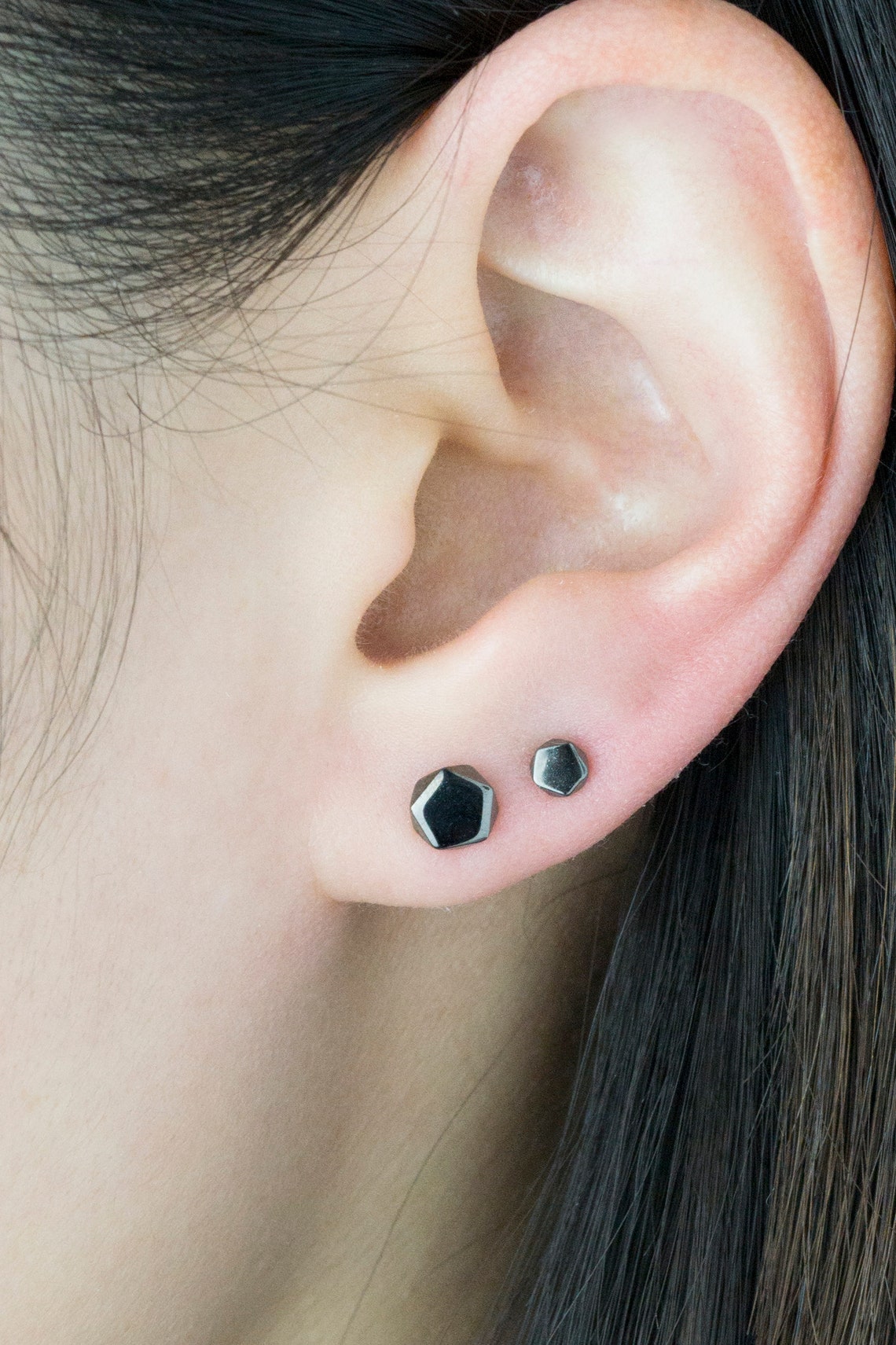 Pentagon Silver Studs- Tiny Studs- Small Studs- Unisex Earrings- Black ...