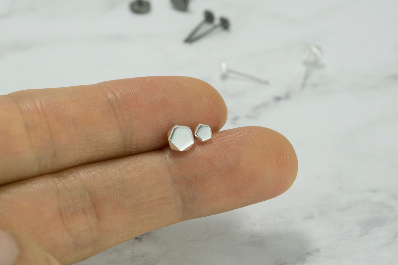 Pentagon Silver Studs- Tiny Studs- Small Studs- Unisex Earrings- Black ...