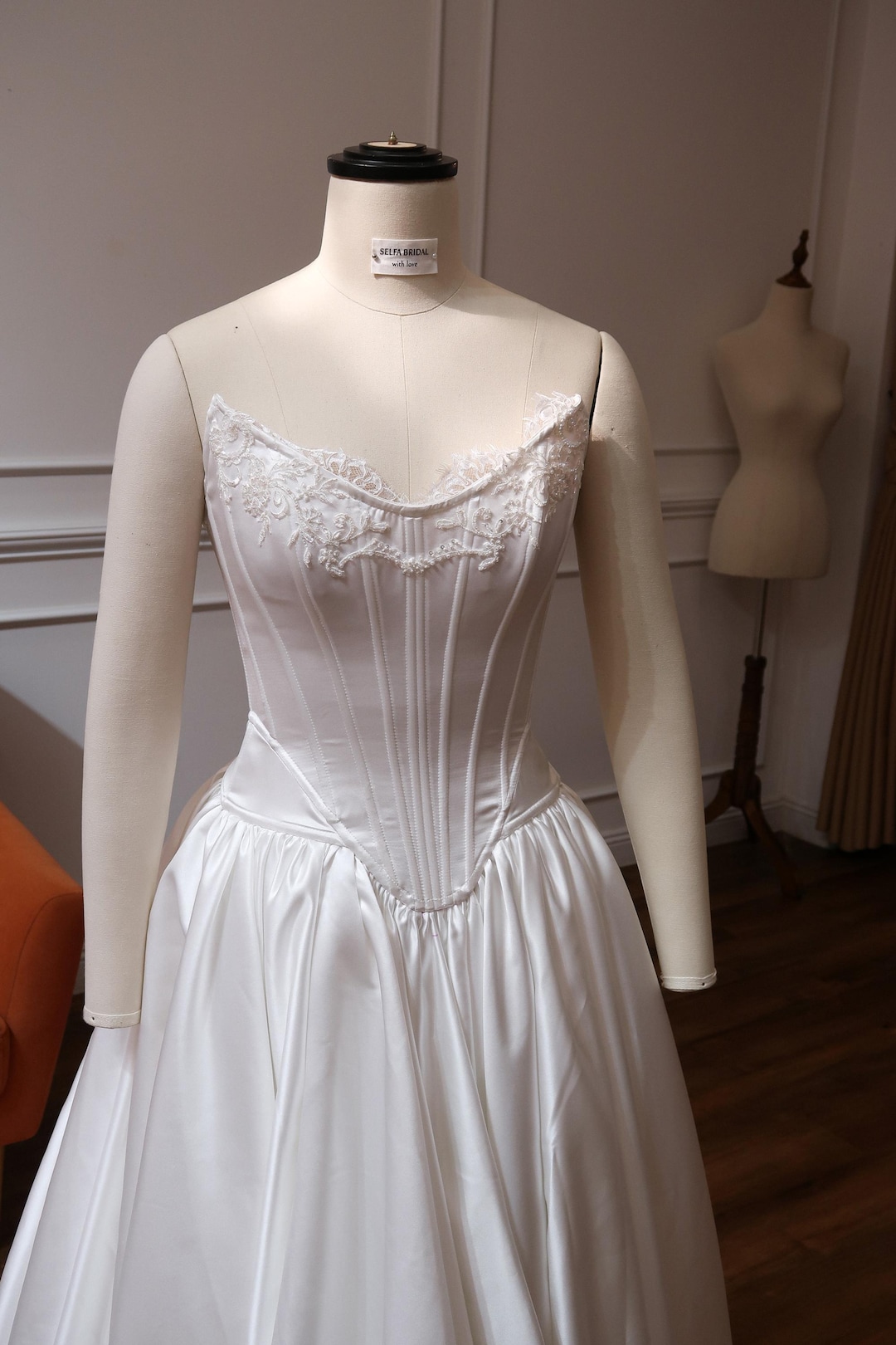 Vintage Corset Silk Wedding Dress With Basque Waistline & Detachable ...