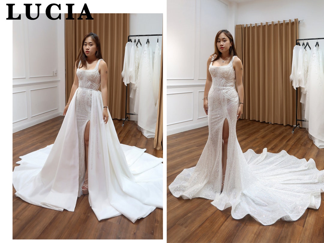 Sparkle Mermaid Wedding Dress With Side Slit and Dramatic Overskirt ...