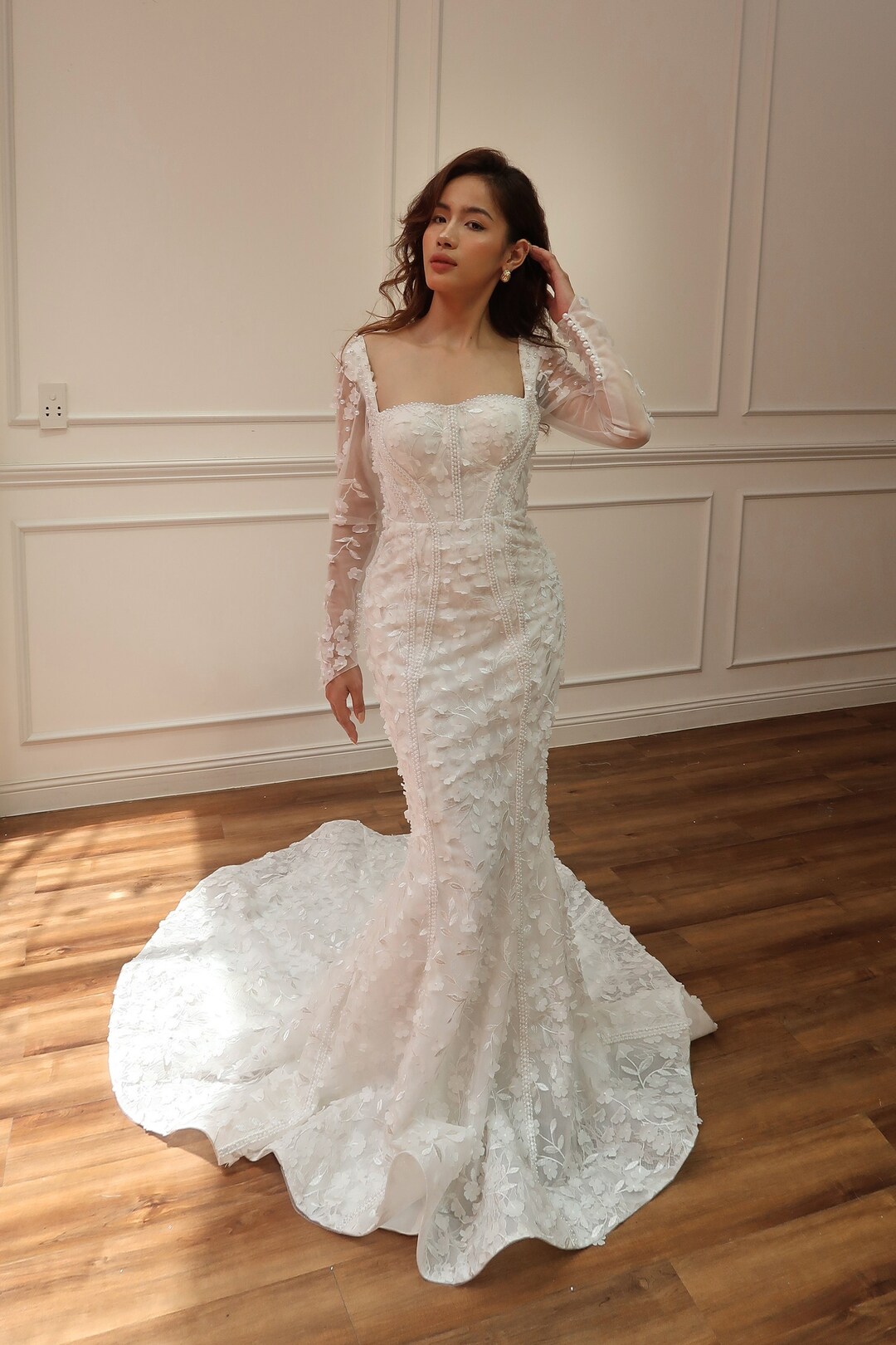 Fit And Flare Corset Wedding Dress With Long Sleeve Square Etsy