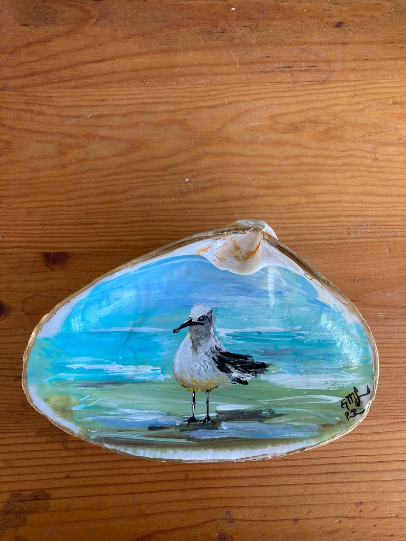 Painted Clam Shell, Trinket Dish of Beach Scene With Lone Seagull ...