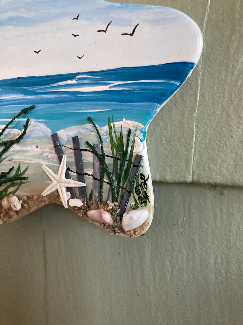 Hand Painted Pebble Art Star Shaped Ceramic Plaque of Beach Scene With ...