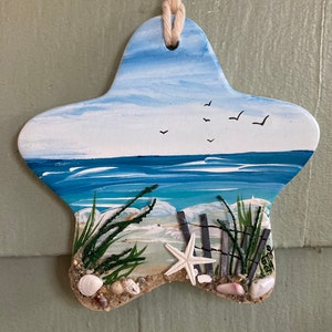 Hand Painted Pebble Art Star Shaped Ceramic Plaque of Beach Scene With ...