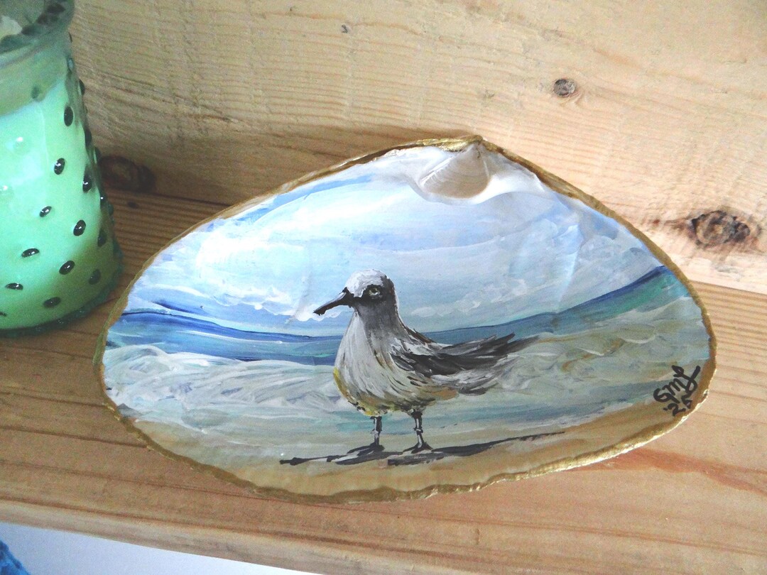 Hand-painted Seagull Clam Shell Trinket Dish, Coastal New England Beach ...
