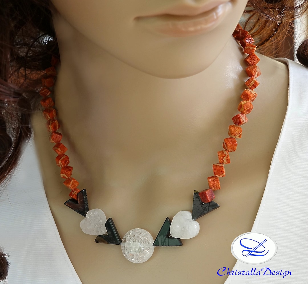 Collar de coral con cristal de roca, collar, collar de coral, 46 cm de ...