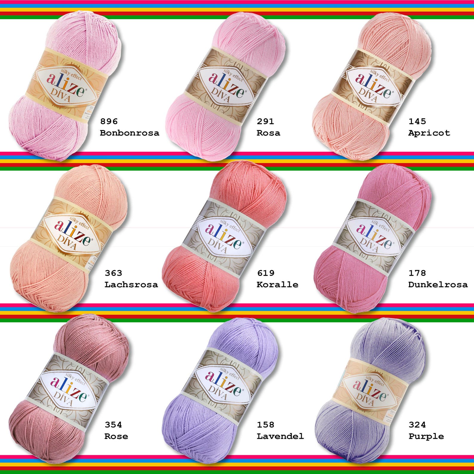 Alize 100g Diva Wool Yarn Silk Effect Soft Crochet Knitting 64 Colors ...