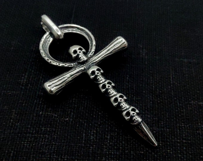 Gothic Ankh Cross With 5 Skulls, Stainless Steel Egyptian Ankh ...