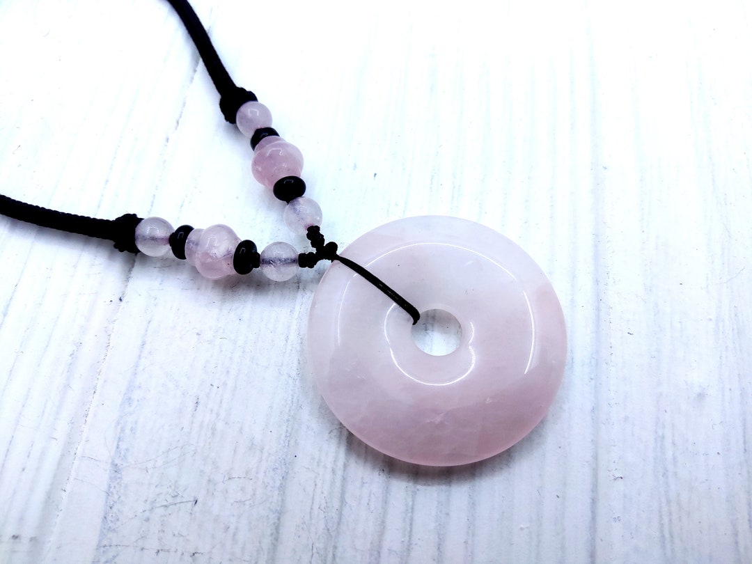 Genuine Rose Quartz Donut Circle Pendant With Pink Quartz Beads, Rose ...
