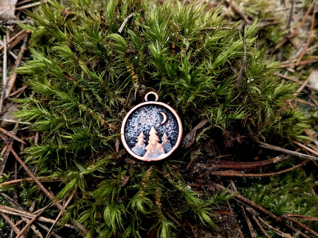 Tiny Moon Night Forest Pendant, Pine-tree Forest Necklace, Pine ...