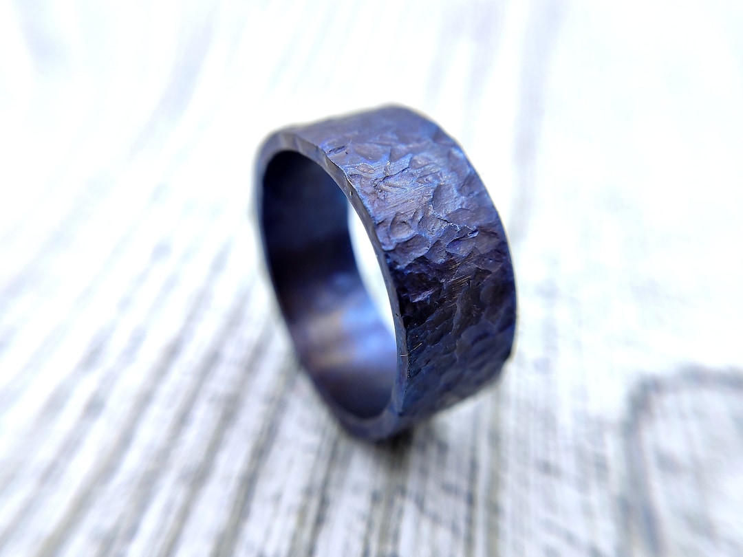 Hammered Blue Titanium Ring – Hypoallergenic Rustic Band, Brutalist ...