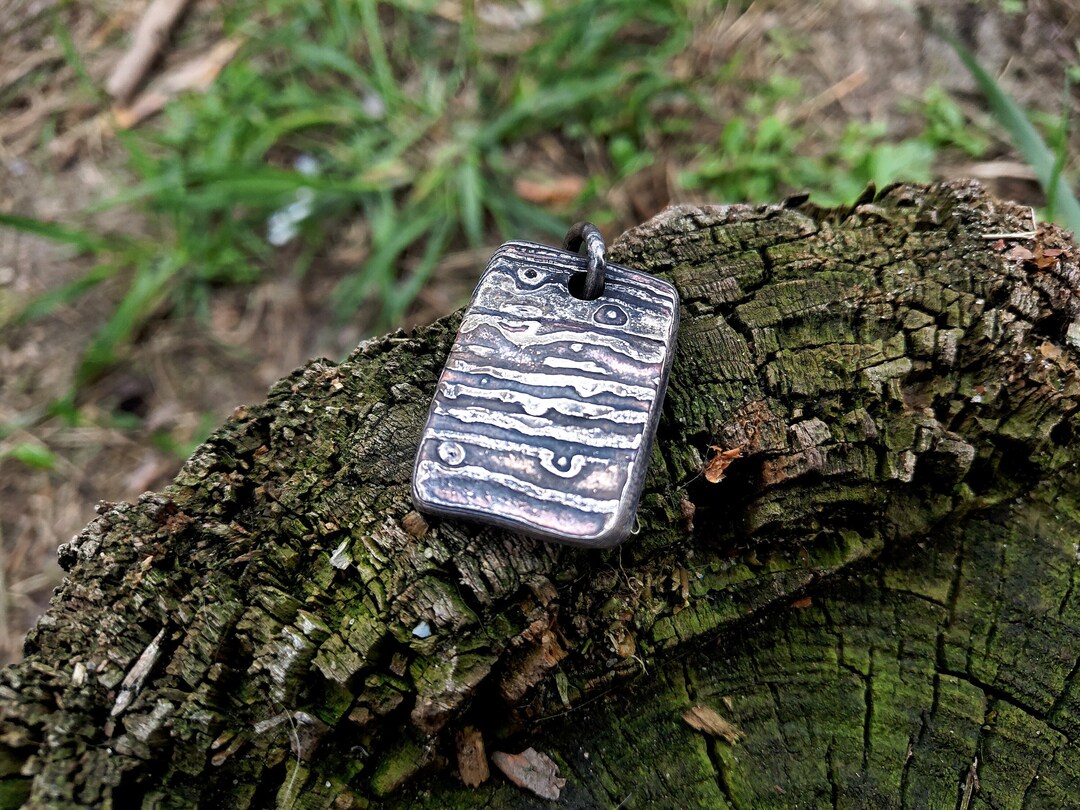 Brutalist Mokume Gane Bar Pendant Authentic Woodgrain Metal Jewelry ...