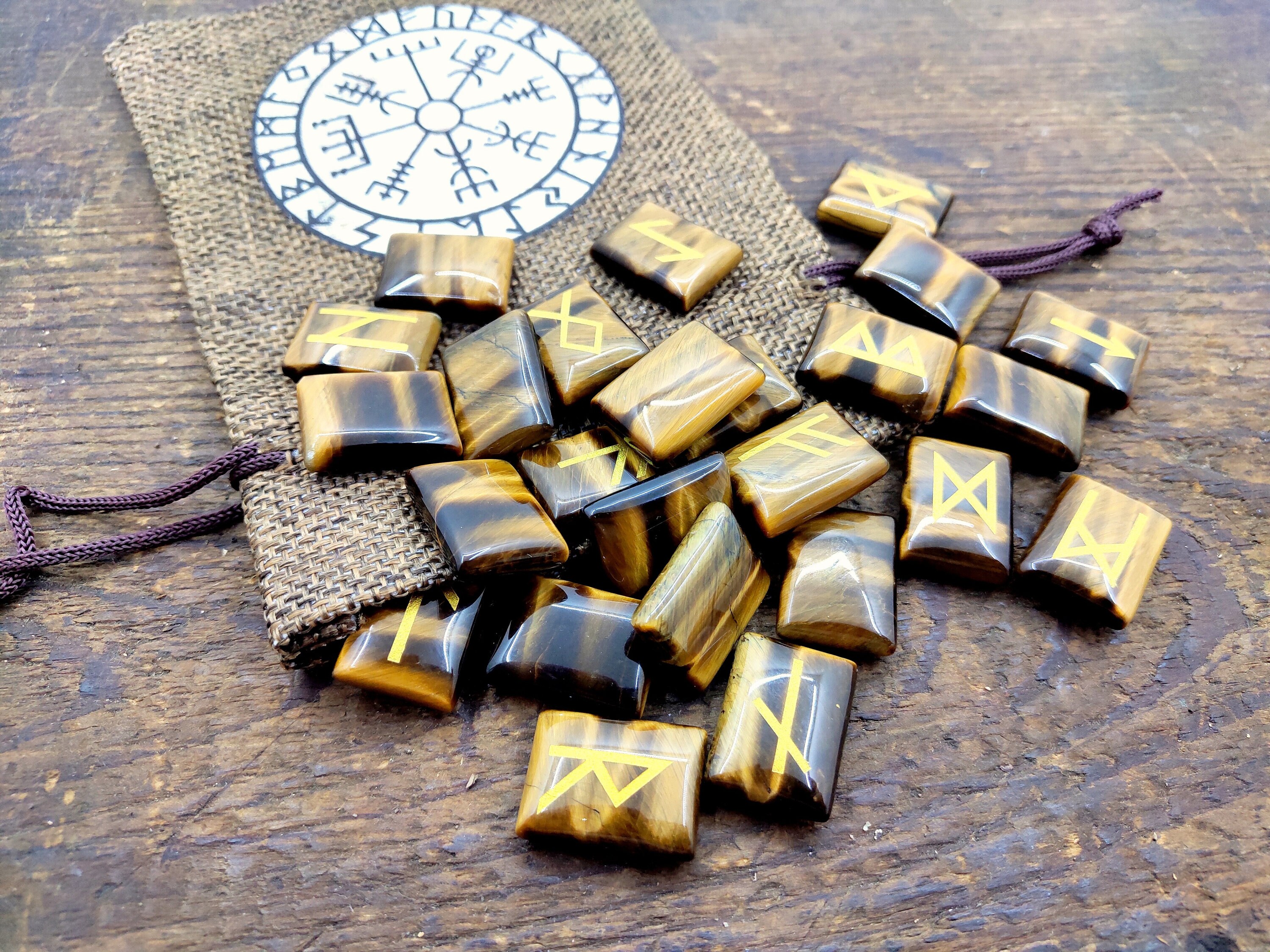 Tiger eye runes set in wooden box with vegvisir symbol Elder | Etsy