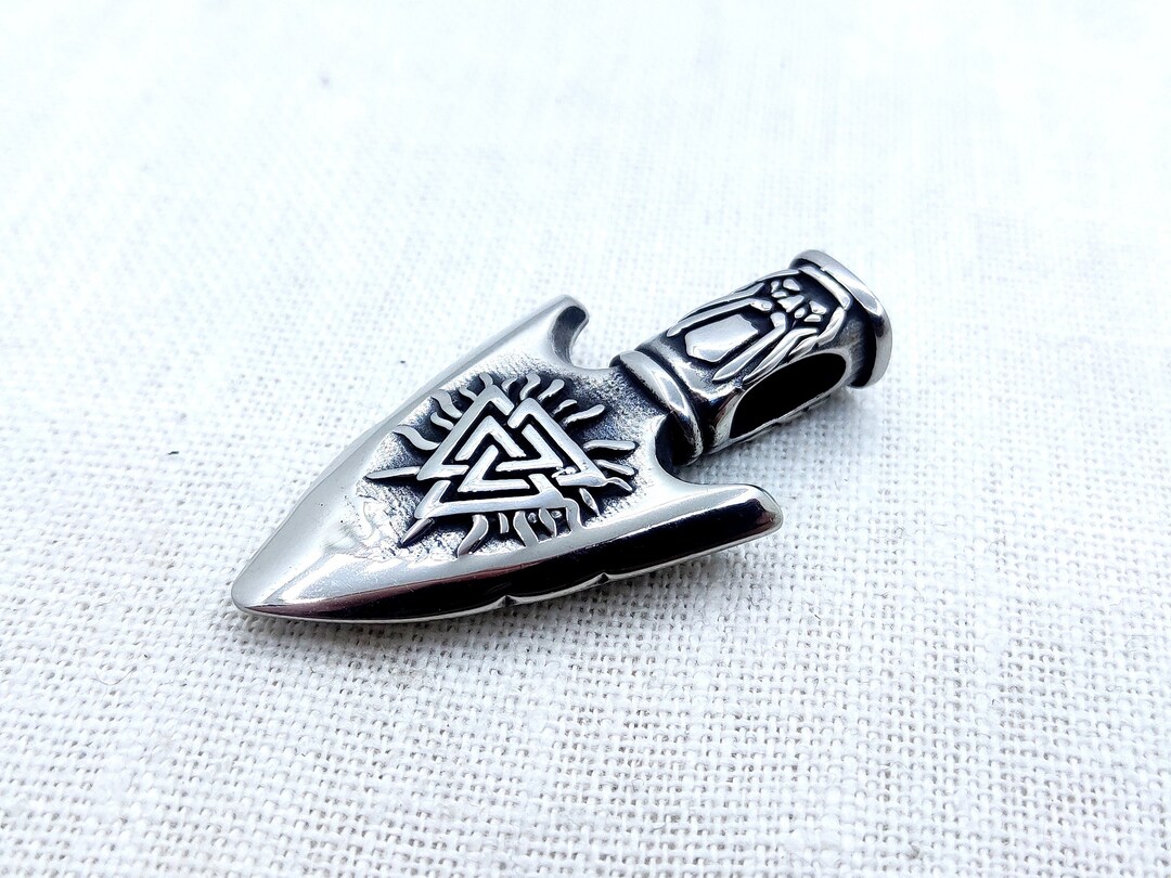 Arrowhead Pendant With Valknut and Vegvisir Symbol, Arrow Tip Pendant ...