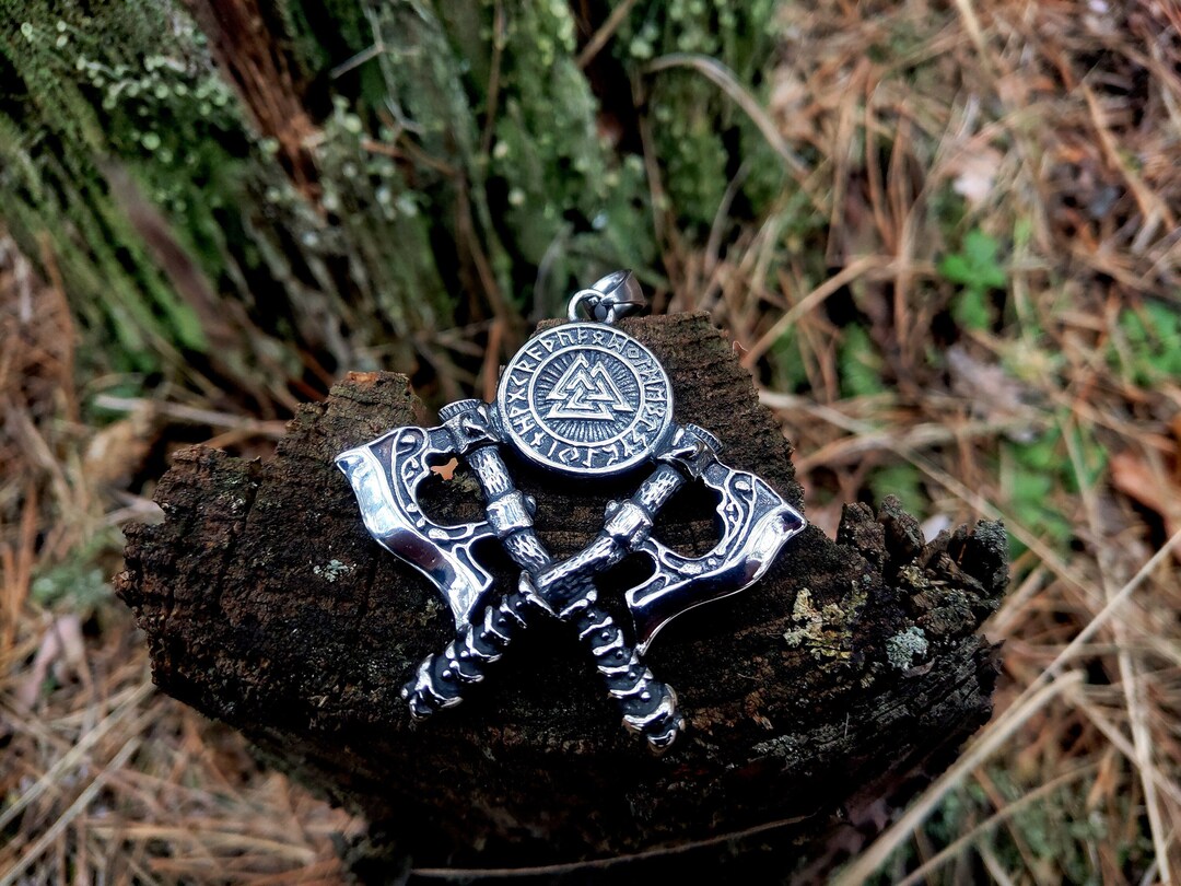 Crossed Axes Pendant With Valknut Symbol and All Elder Futhark ...