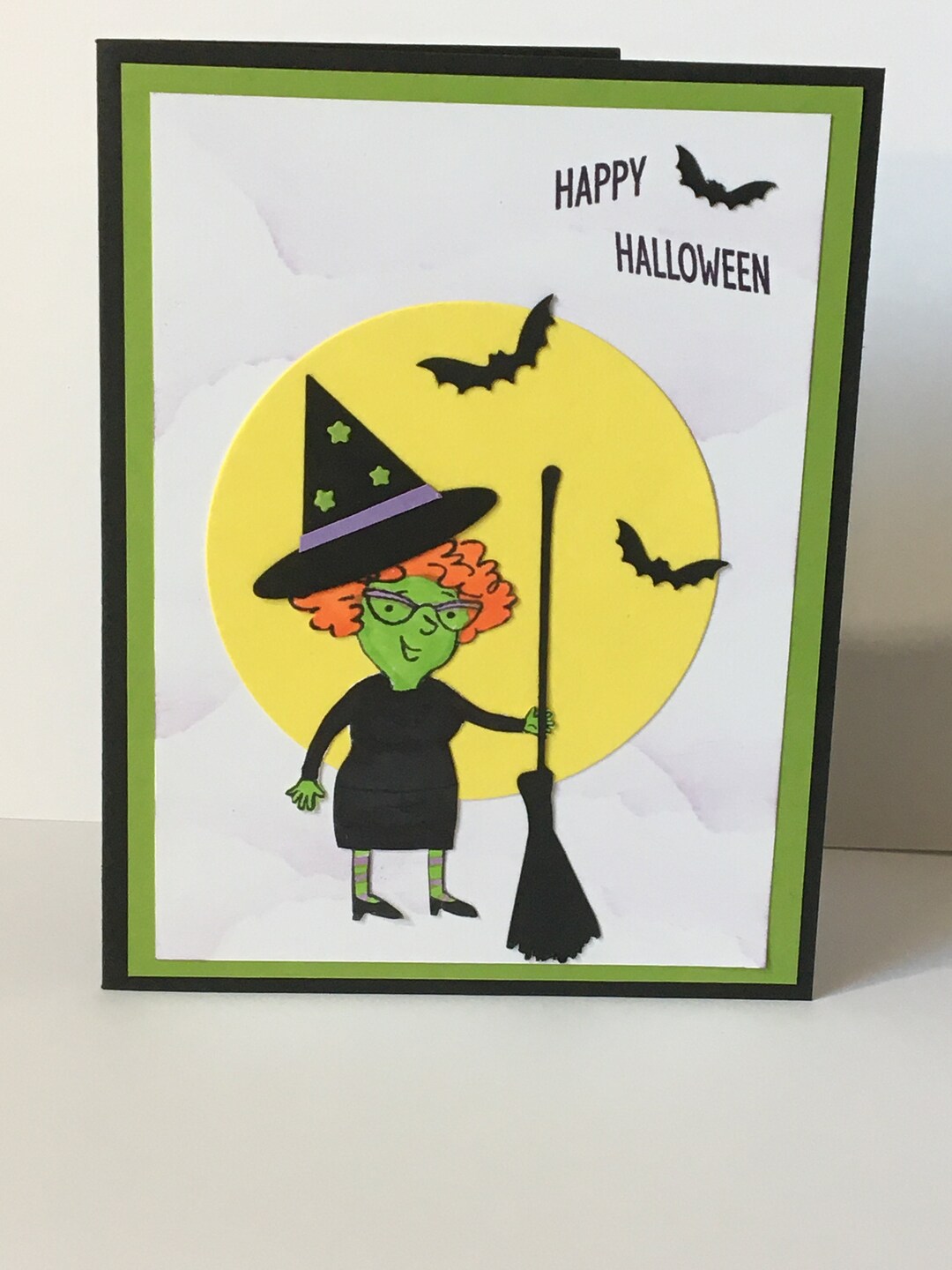 Halloween Card Witch Broom Full Moon and Bats - Etsy
