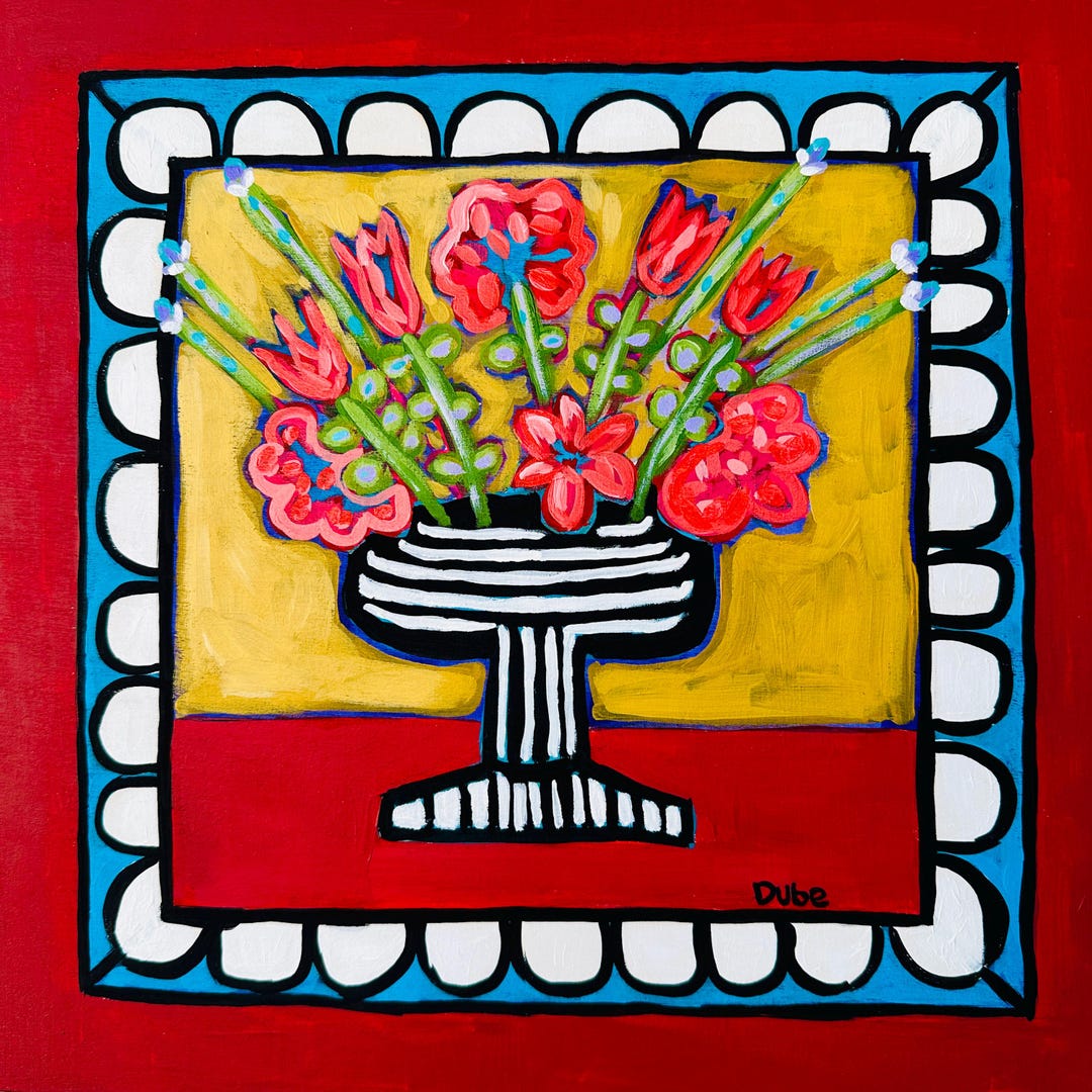 Jeri Dube Original FOLK Art Painting Collectible Flowers Black & White ...