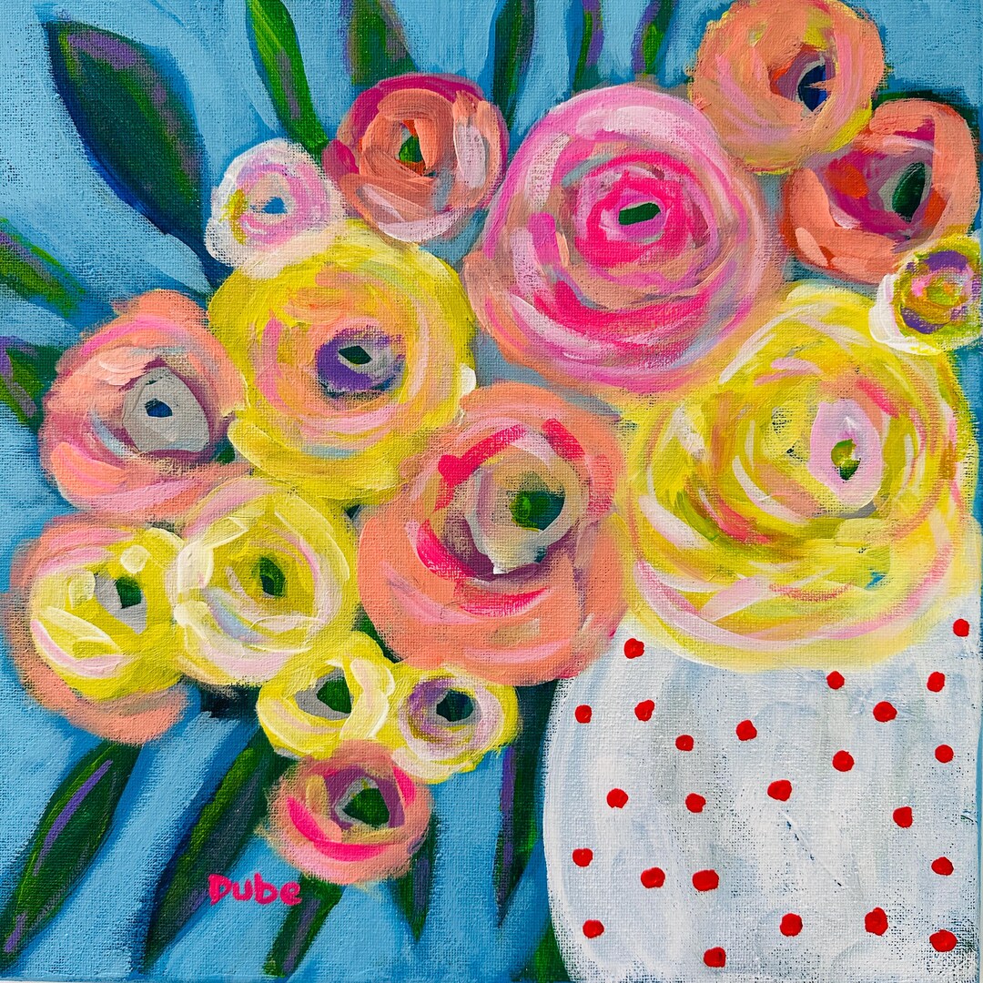 Jeri Dube Original Painting Collectible Flowers White Polka Dot Vase 12 ...