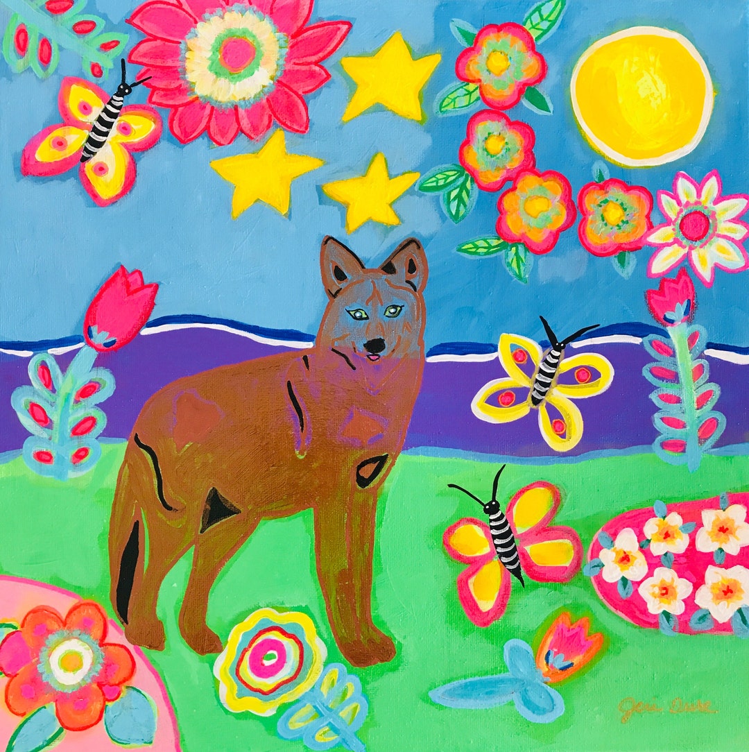 Folk Art Coyote Flowers Butterflies Stars Moon Mountain Whimsical One ...