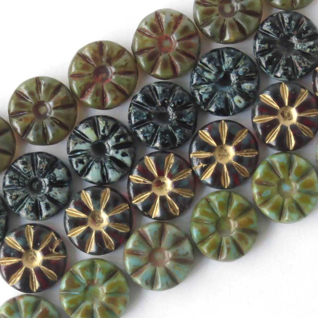 12mm Sunflower Coin Beads - Red, Green, Black - Czech Glass Beads - 10 ...