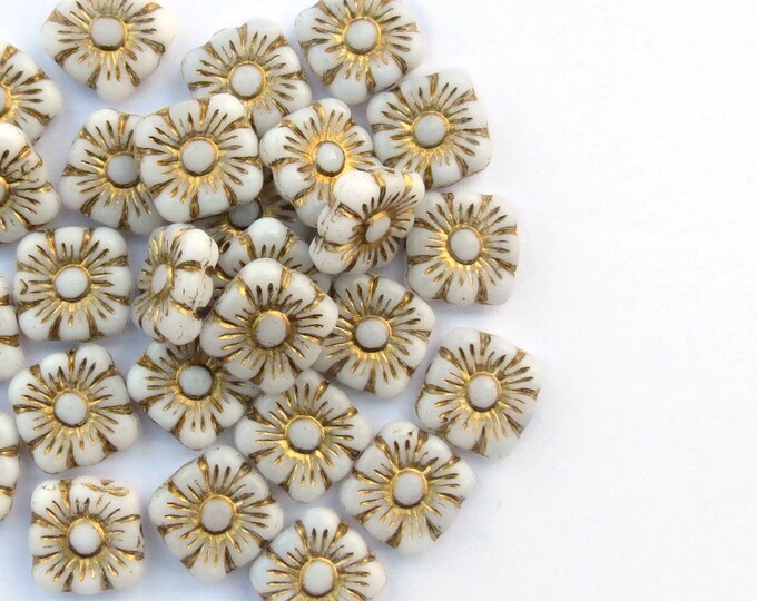 10 or 30 Pcs Chalk White With Gold Wash Square Flower Czech Glass Beads ...