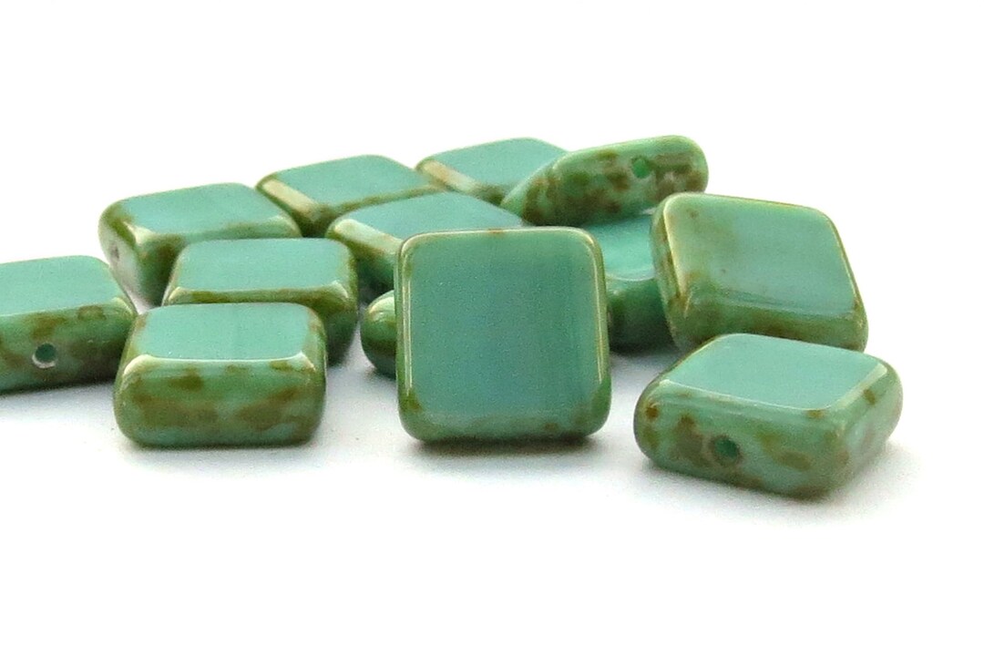 10 or 30 Pcs Premium Mint Green Picasso Czech Glass Square Tile Beads ...