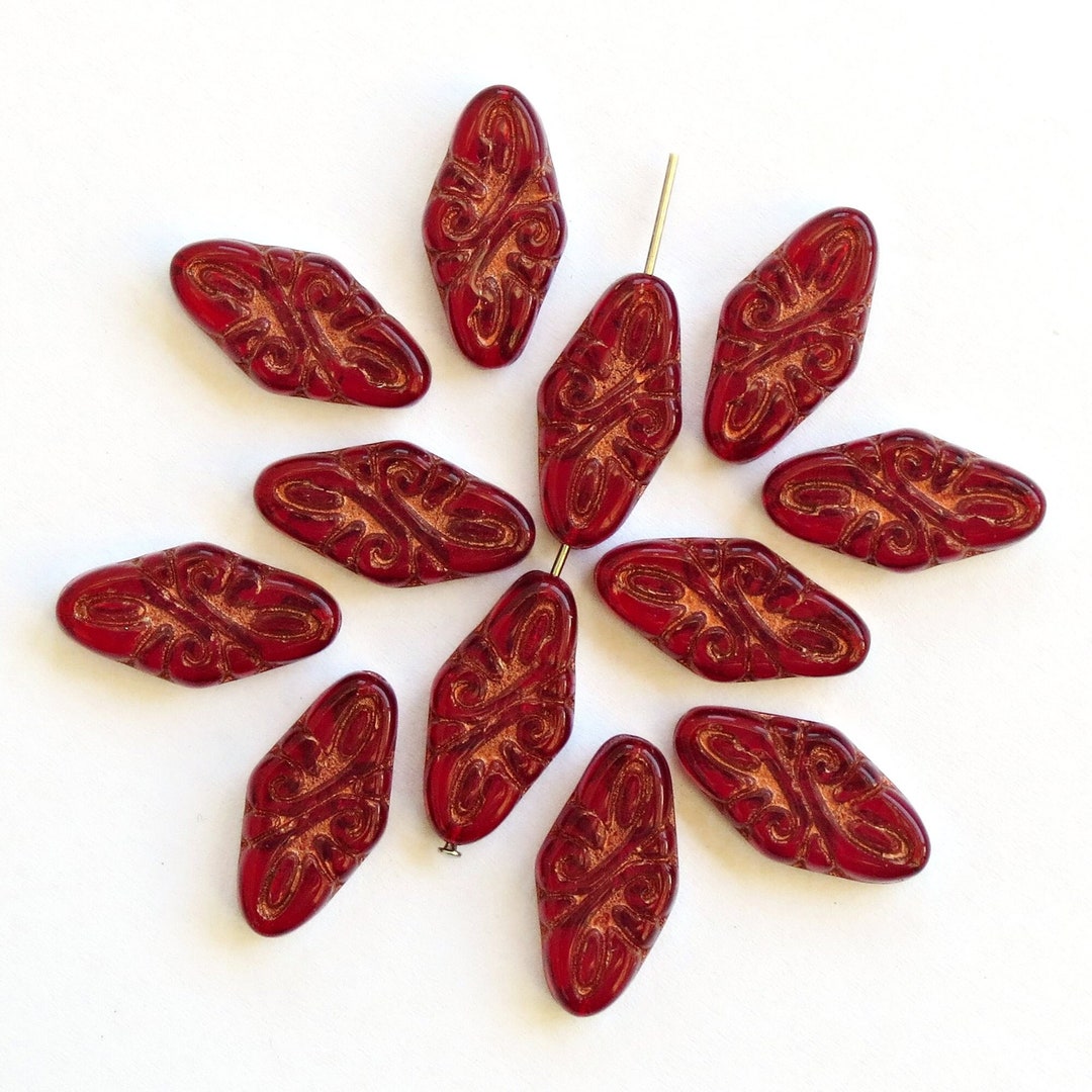 10 or 30 Pcs Arabesque Czech Glass Beads Garnet Red With Gold Wash ...